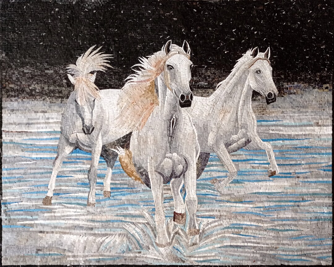 WHITE HORSE MURALS| Animal Mosaic Murals for Living Room Walls | Horse ...