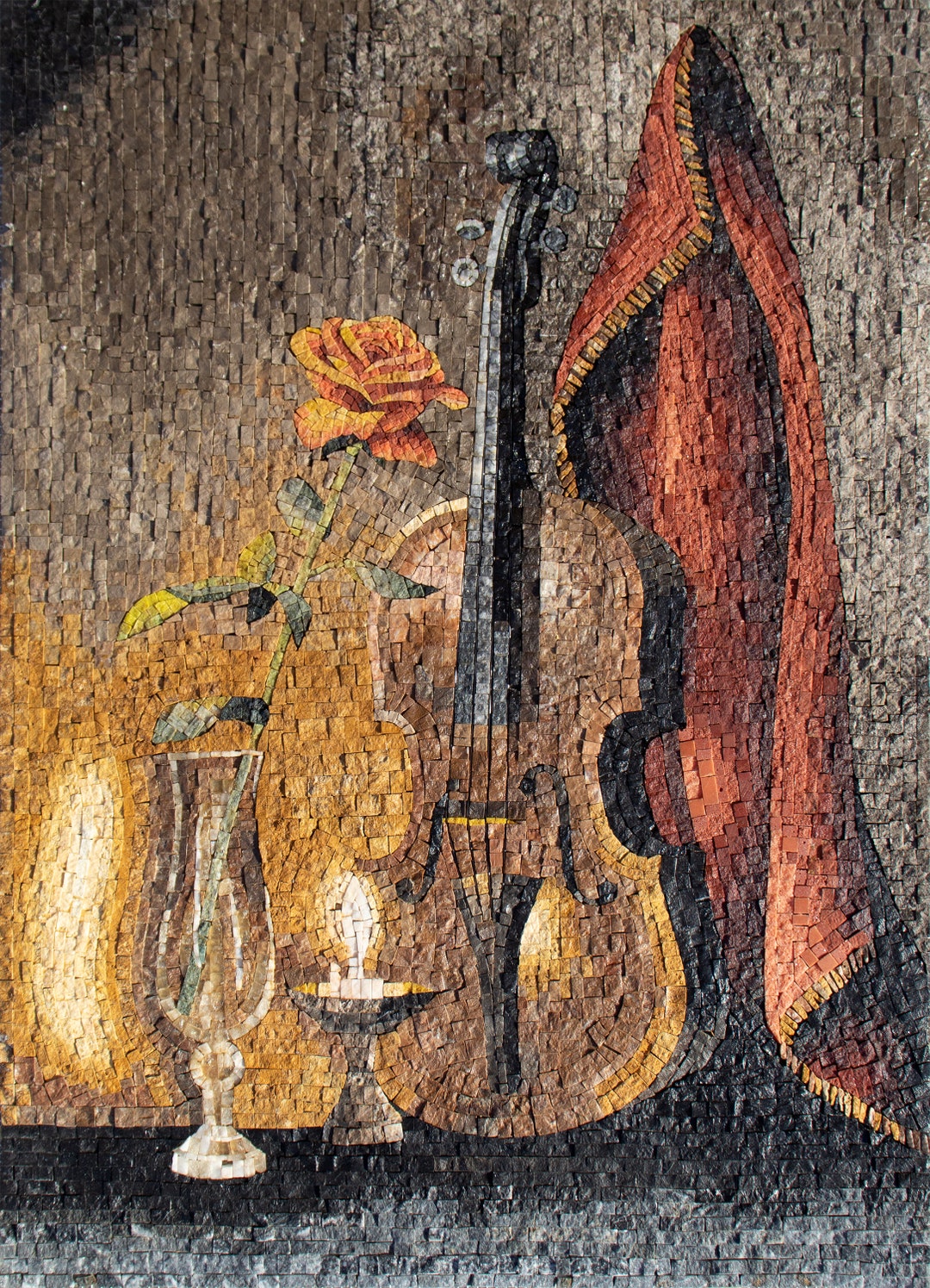 Handmade Violin Mosaic Tile Art: Candlelight Rose Medallion - Etsy