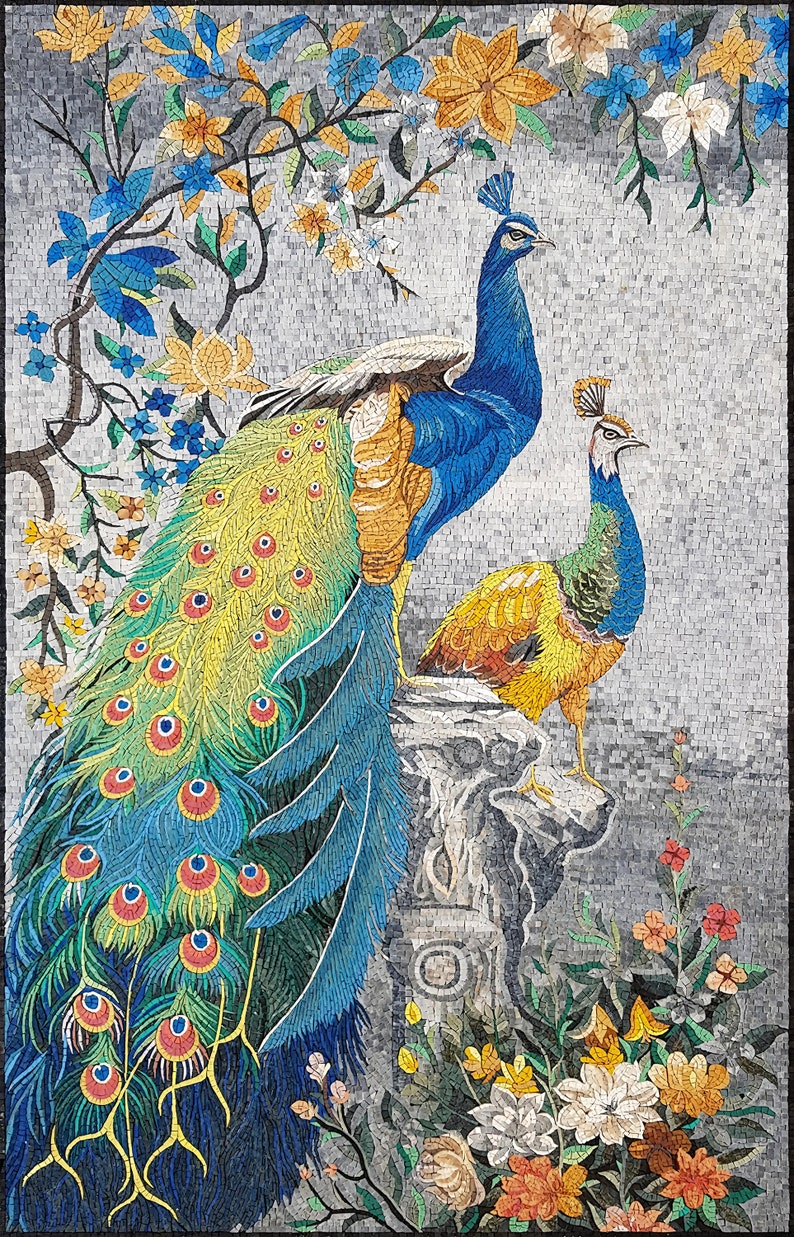 Handmade Peacock Mosaic Tile Art: Botanical Wall Decor (62” X 38") - Etsy