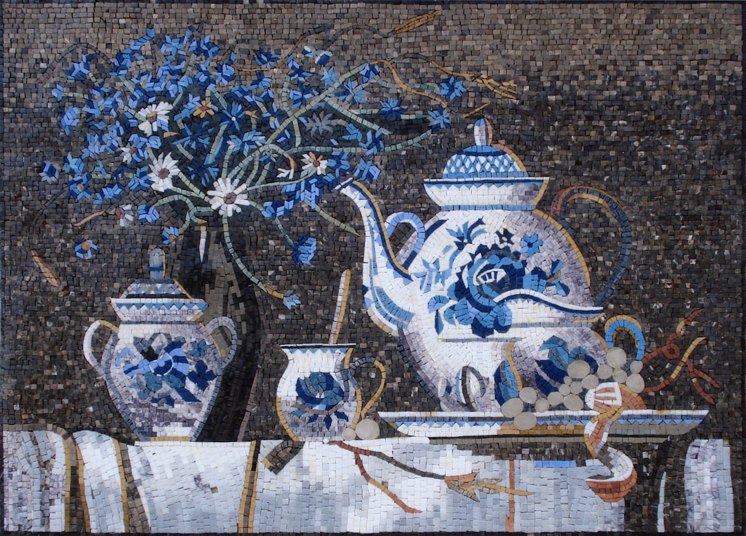 Blue Teapot Mosaic Art: Handmade Kitchen Backsplash Tiles (44” X 32 ...