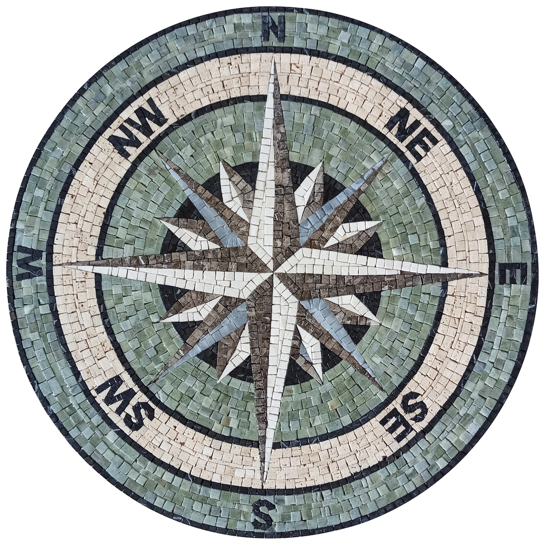 Green Nautical Charm Mosaic - Green Compass Rose Marble Mosaic ...