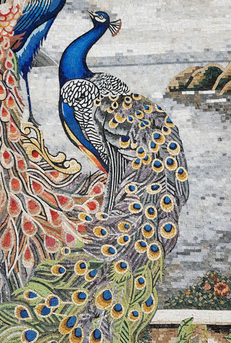 Handmade Peacock Mosaic Tile Art: Botanical Floral Wall Decor (64” X 44 ...