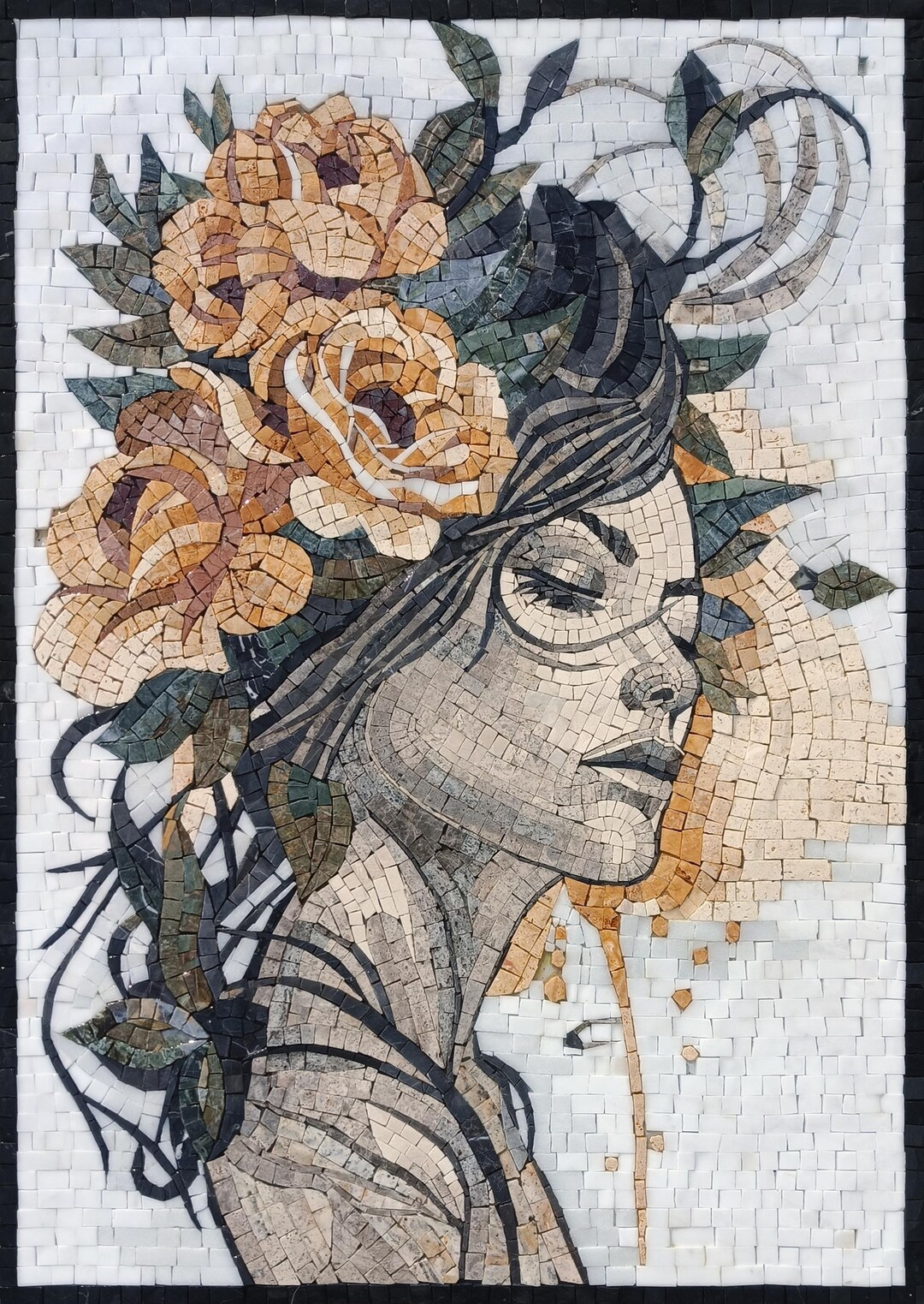 WOMAN MOSAIC TILES | Woman Hair Flying With Elegant Roses, Art Tile ...