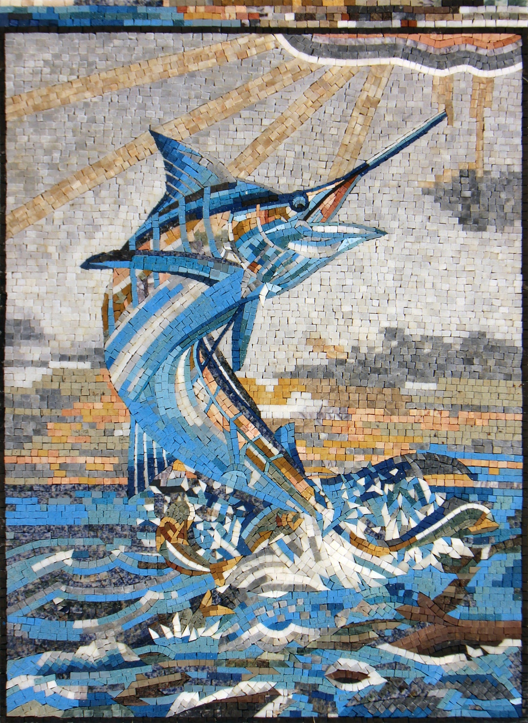 SWORDFISH WALL ART - Swordfish Leaping From the Sea Mosaic Mural Marble ...