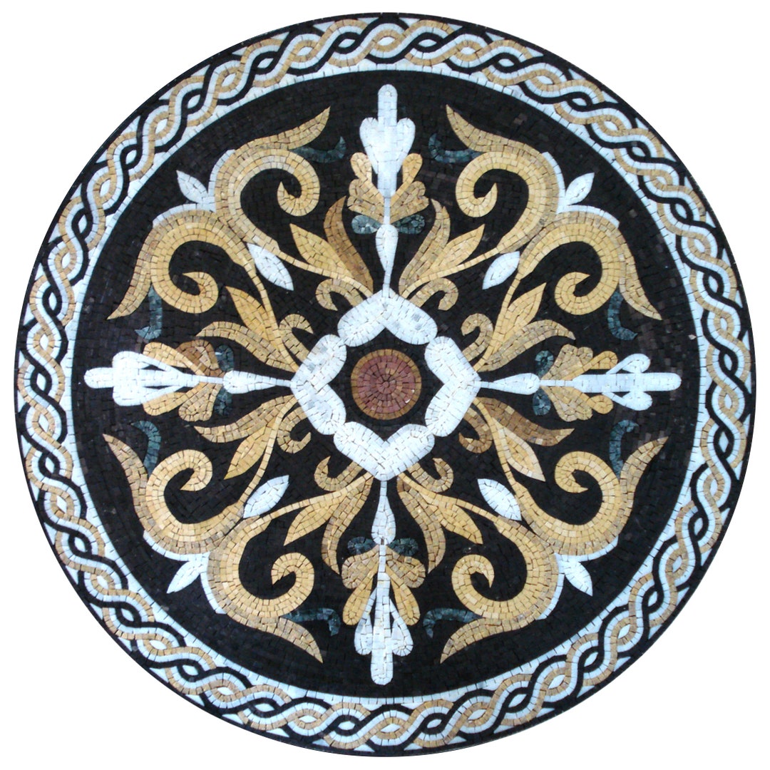 Captivating Fiery Flower With Greek Wave Border Mosaic Medallion ...