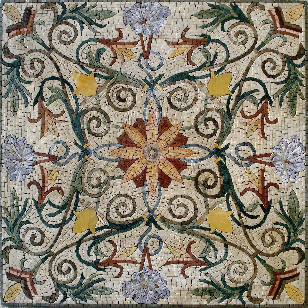 32” MEDALLION MOSAIC BACKSPLASH | Floral Square Inlay Mosaic Tiles for ...