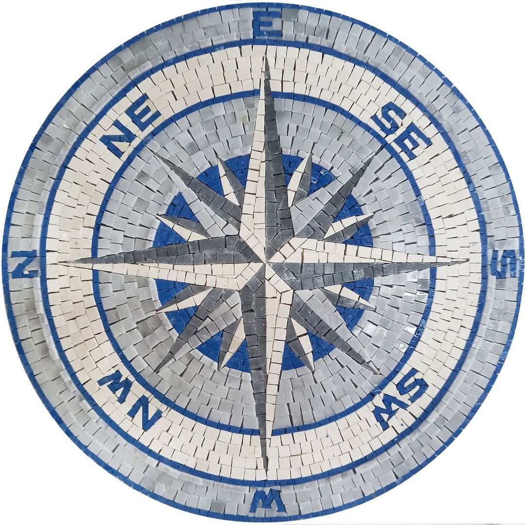 Coastal Serenity - Mosaic Medallion - Blue and Gray Compass Rose Design ...