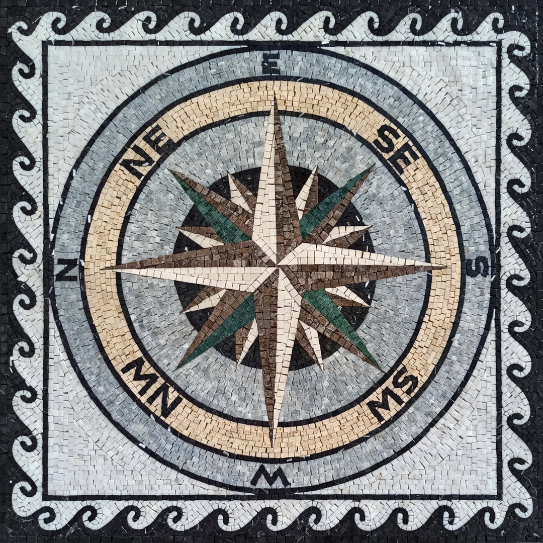 Handmade Marble Compass Rose Mosaic Tile: Indoor/outdoor Decor (32x32 ...