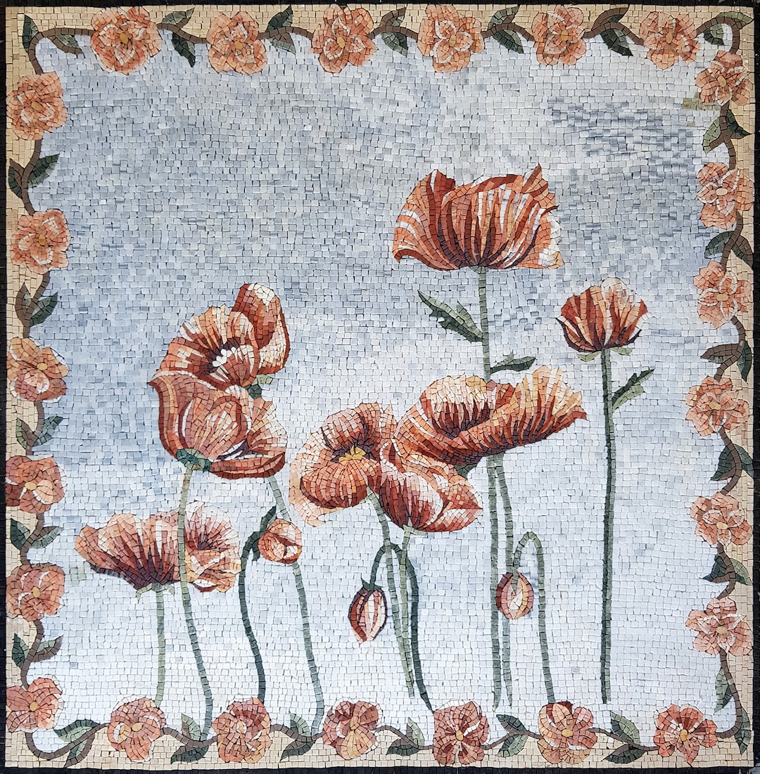 Handmade Pink Peonies Mosaic Wall Art: Stone Tile Medallion (40x40") - Etsy