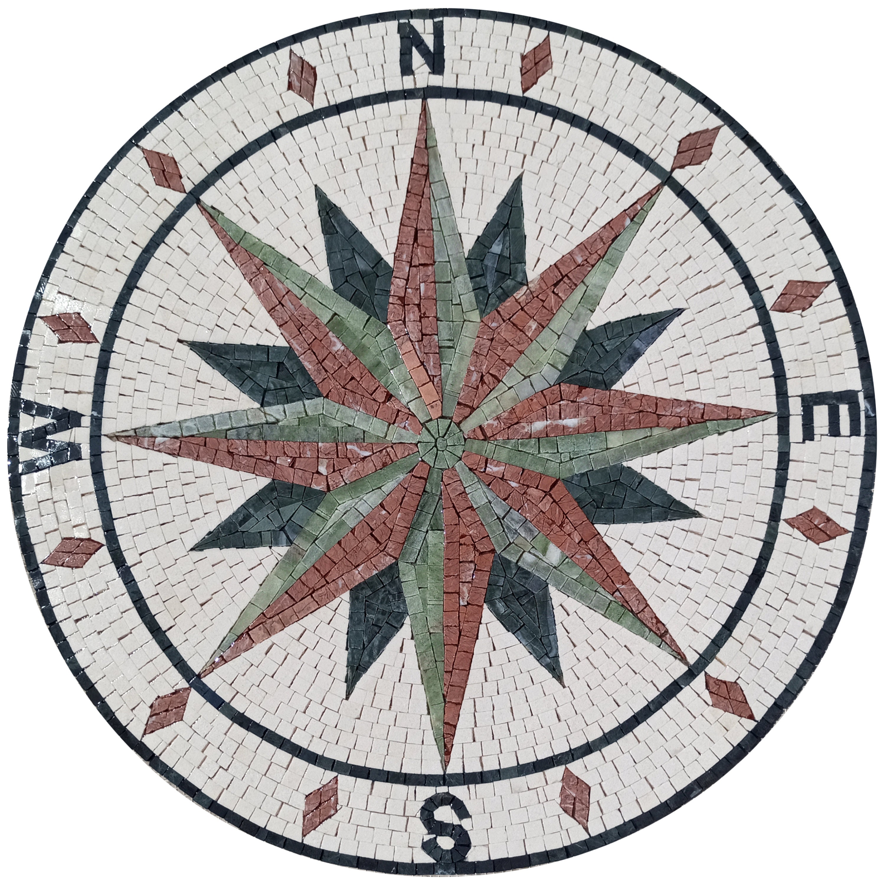 Handmade Marble Compass Mosaic Tile: Wind Rose Medallion (32