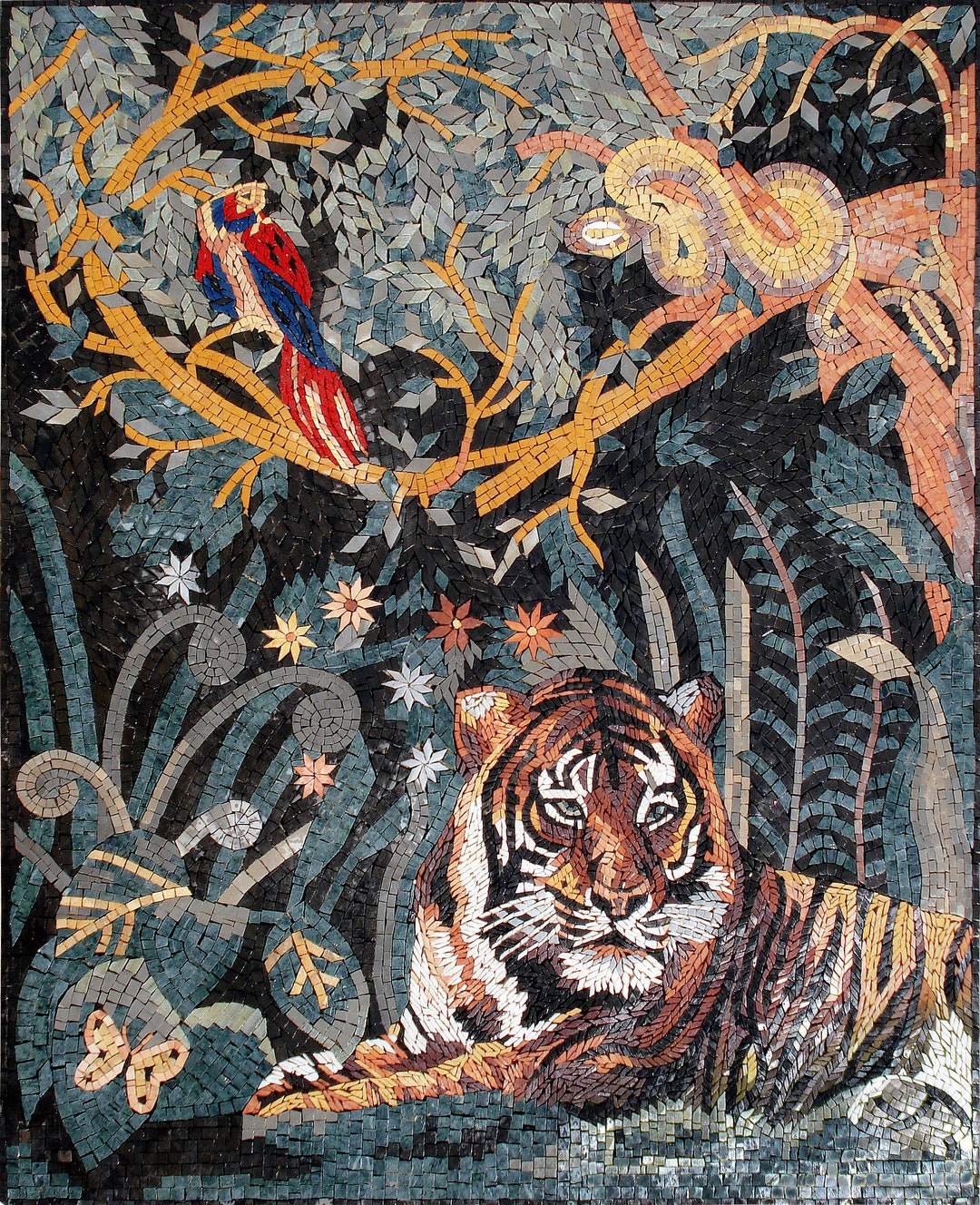 TIGER WALL DÉCOR Handcrafted Jungle Tiger Marble Mosaic Wall Art Tile ...