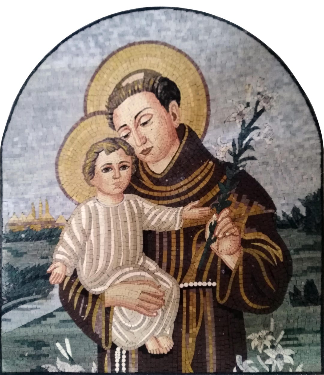 32"x38" Monk and Angelic Child Mosaic – Handmade Marble Tile Wall Art ...