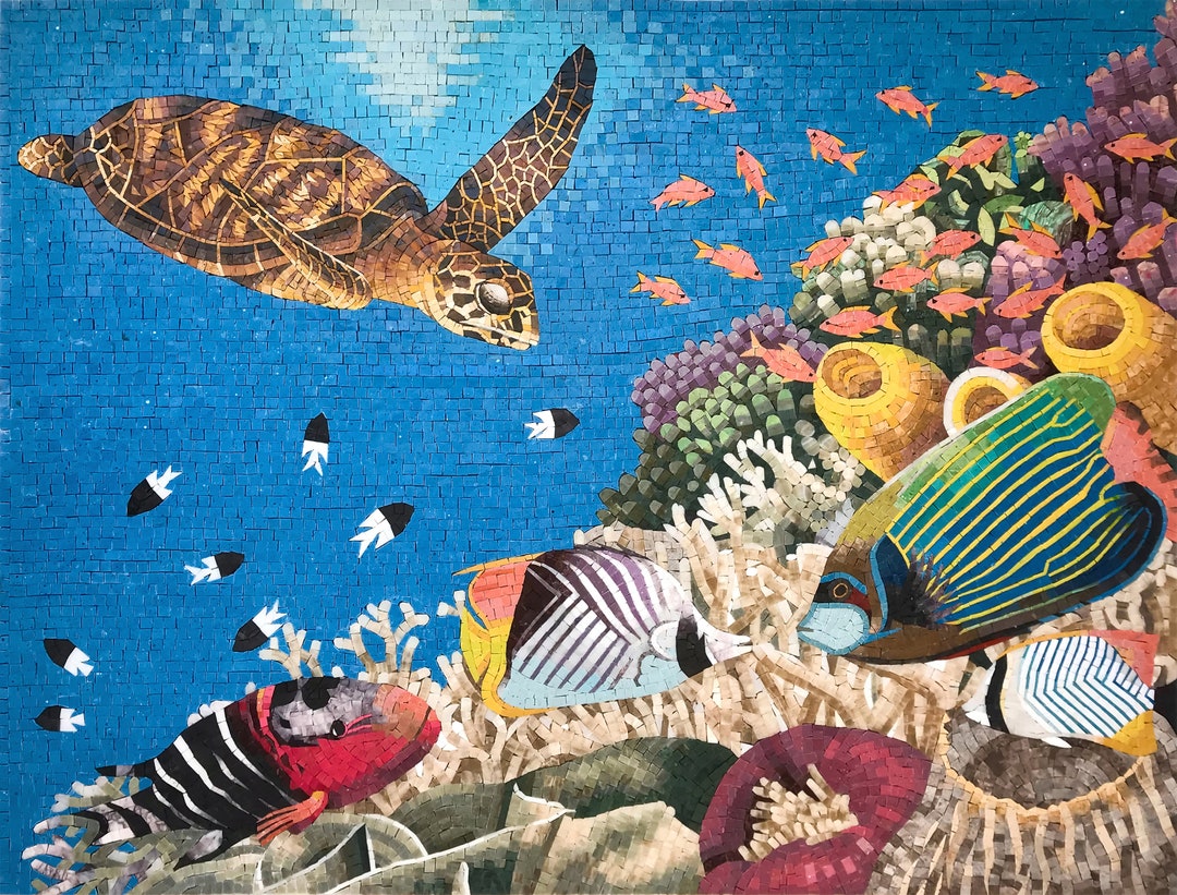 Handmade Sealife Mosaic Tile: Turtle & Fish Ocean Mural (48” X 36”) - Etsy