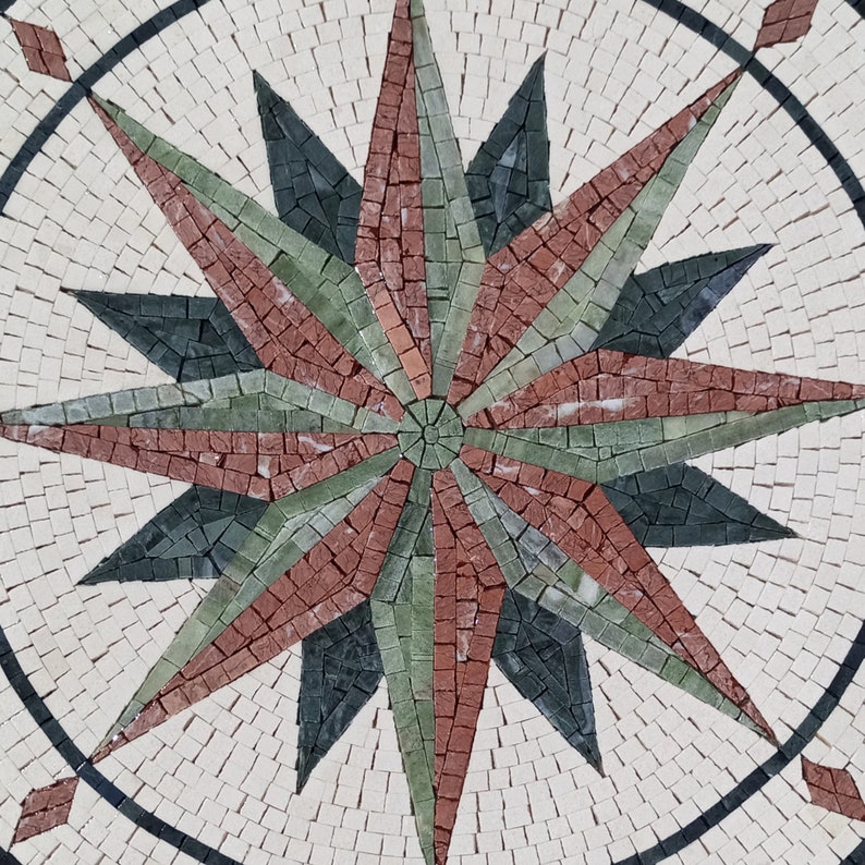 Handmade Marble Compass Mosaic Tile: Wind Rose Medallion (32
