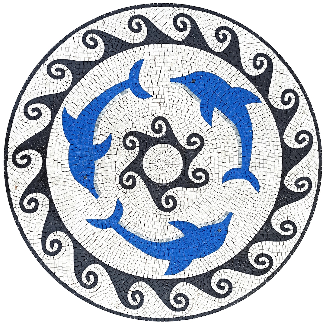 Ocean Symphony - 36" Handmade Dolphin Pattern Mosaic Medallion Art Tile ...