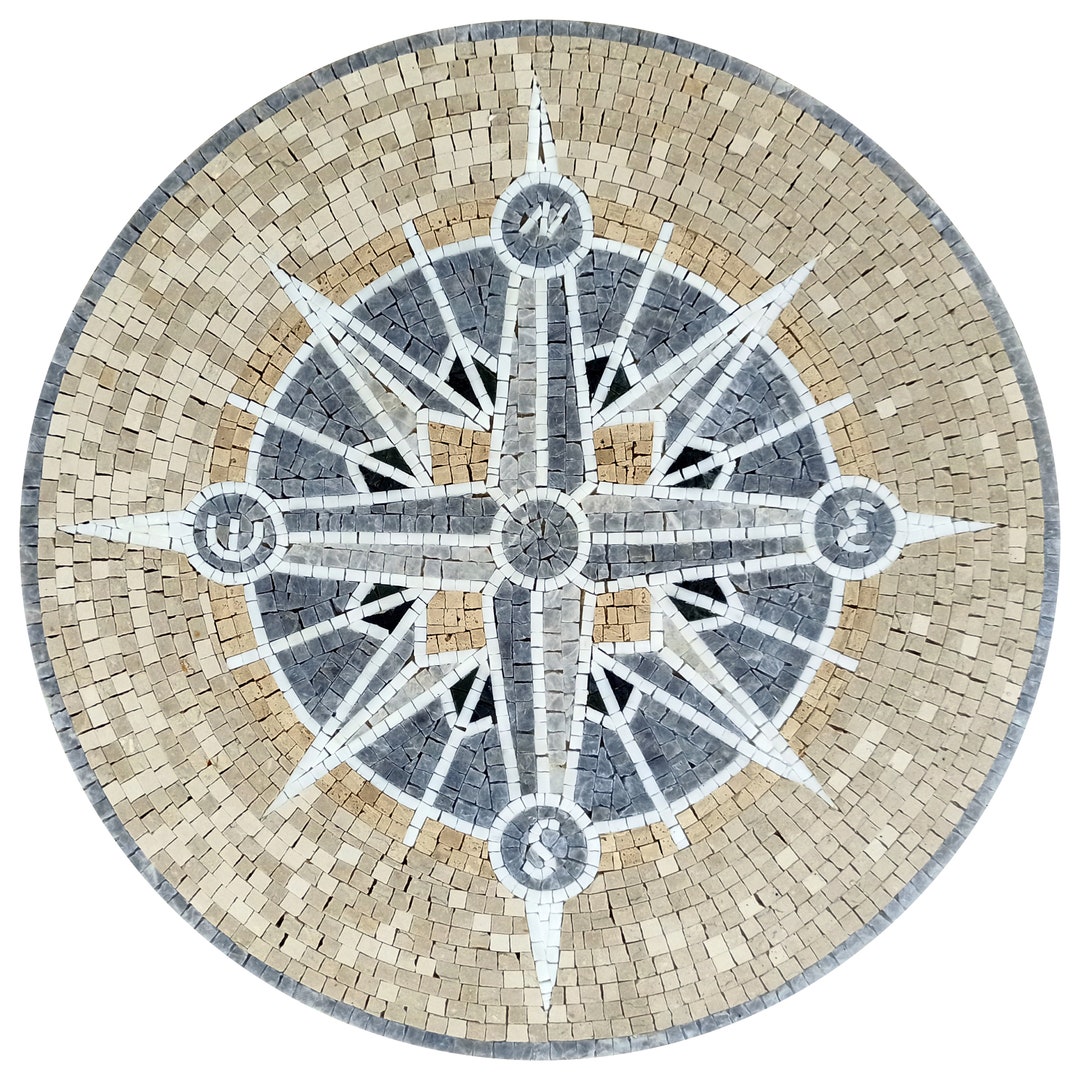 Eternal Elegance - Ivory-toned Compass Rose Mosaic Medallion Art Tiles ...
