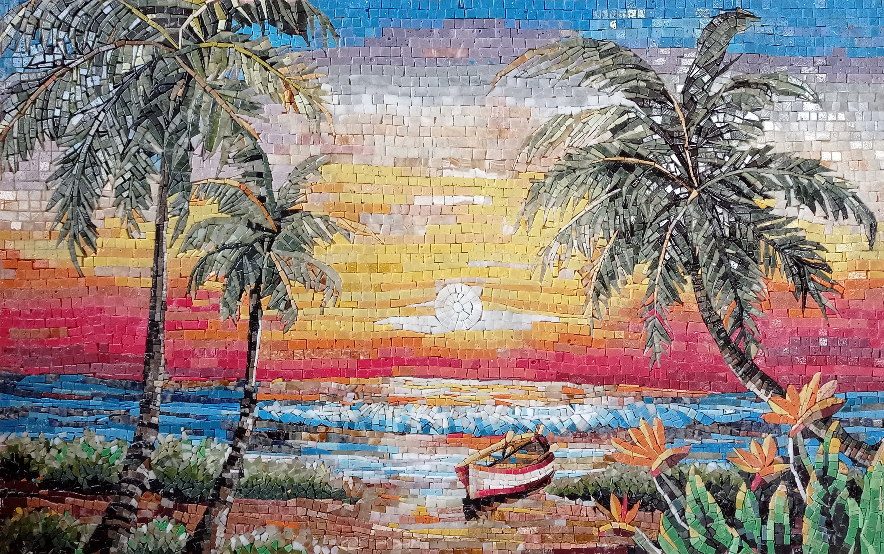 Handmade Sunset Mosaic Tile: Palm Trees & Boat Beach Scene - Etsy