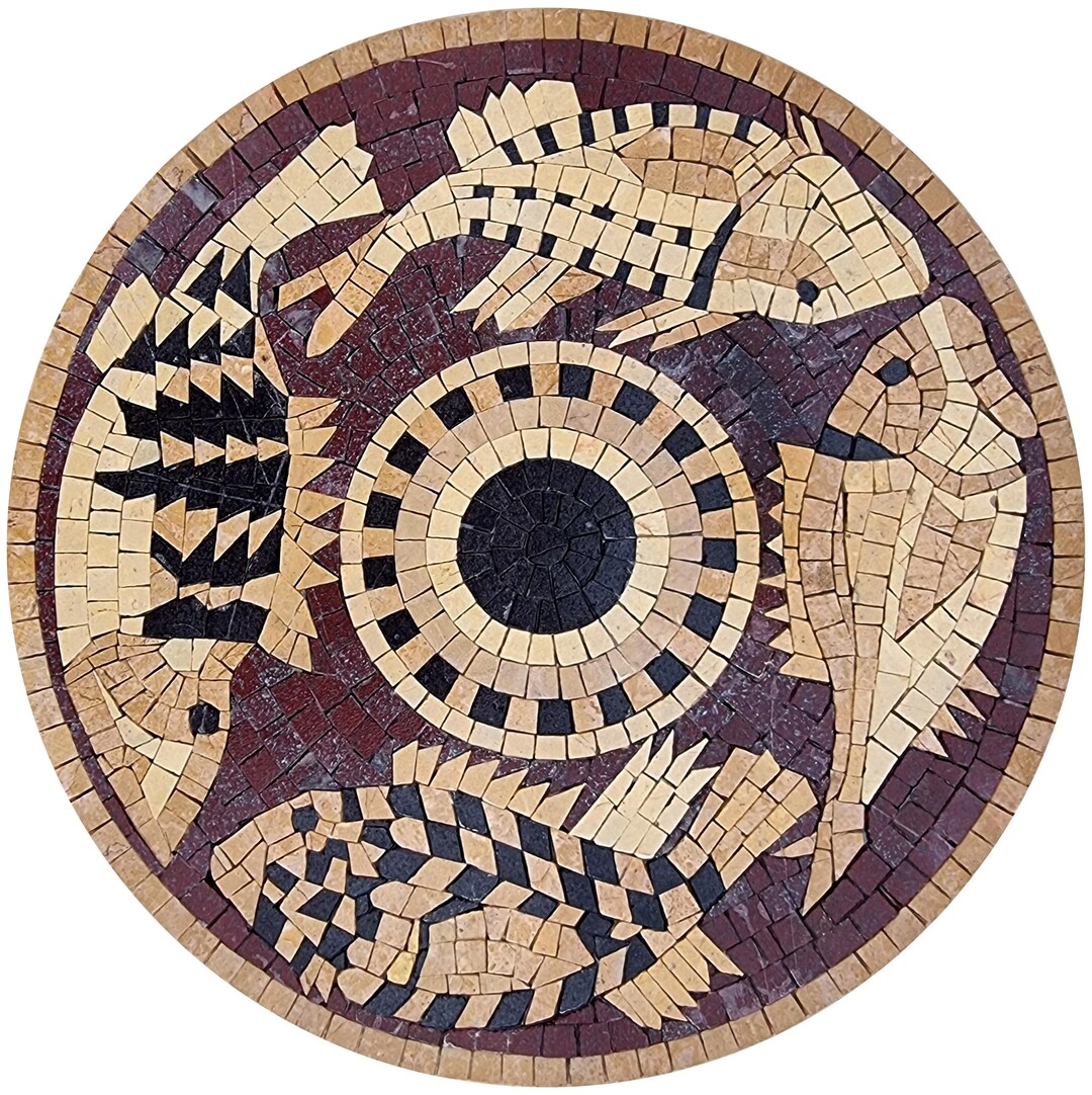 20" Fish Mosaic Medallion, Decorative Sea Life Inlay for Floor or Wall ...