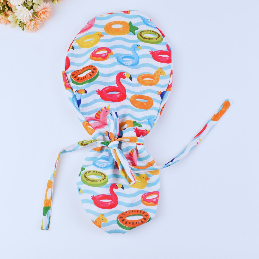 Pool Floats Pattern Ponytail Scrub Cap, Summer Scrub Cap With Ponytail ...