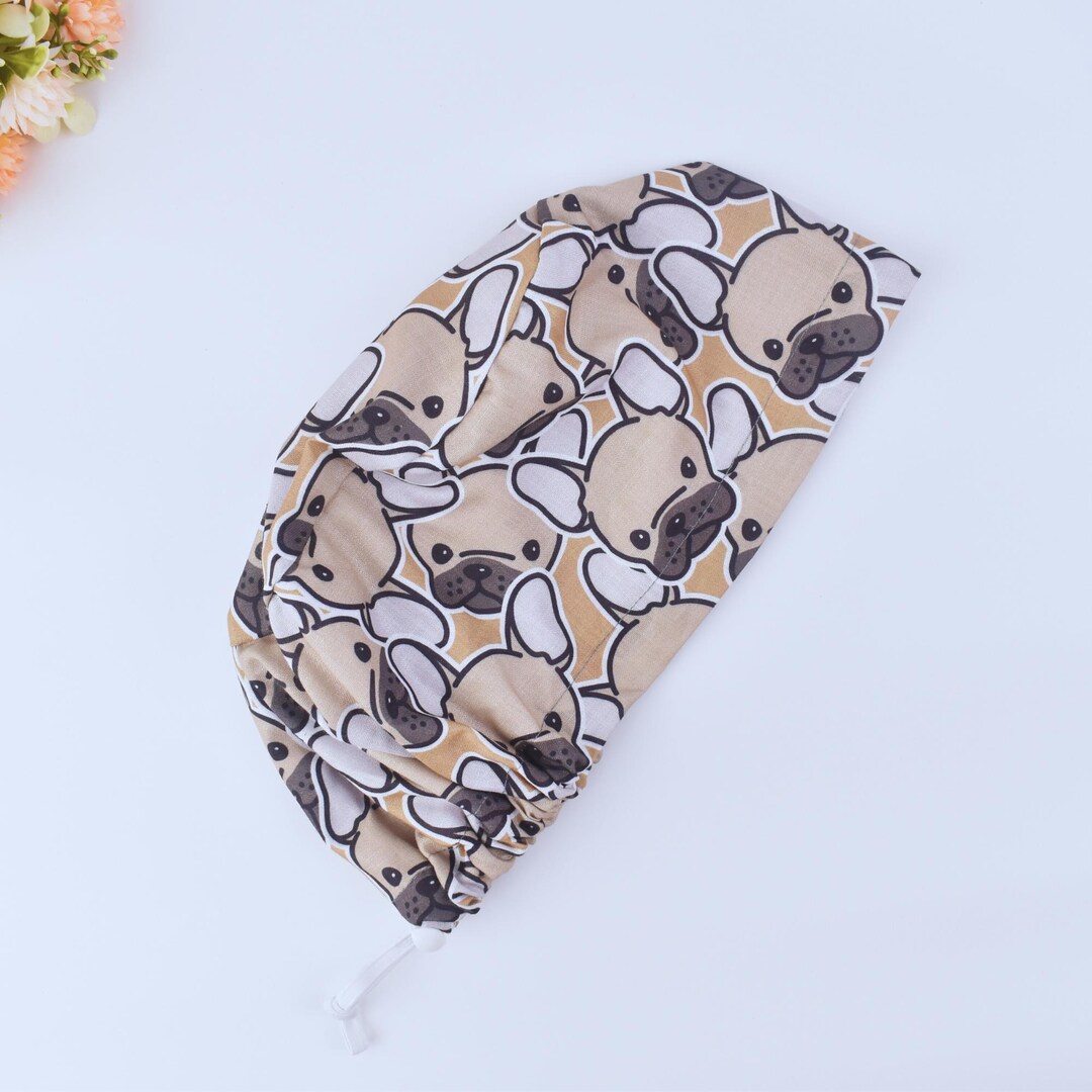 French Dog Face Ponytail Scrub Cap, Dogs Scrub Cap With Ponytail Holder ...