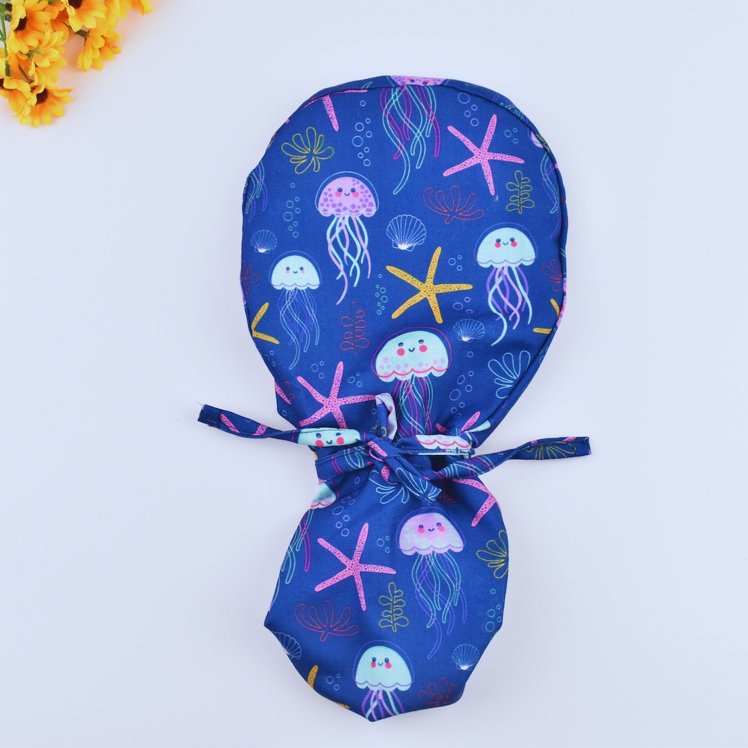 Ocean Blue Jellyfish, Starfish Ponytail Scrub Cap, Surgical Cap Women ...