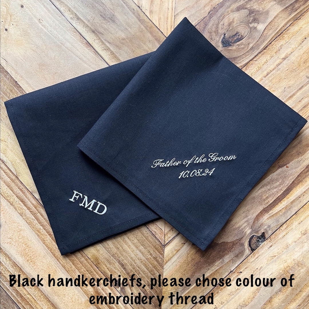 Black Cotton Handkerchief, Personalised Handkerchief, Embroidered ...