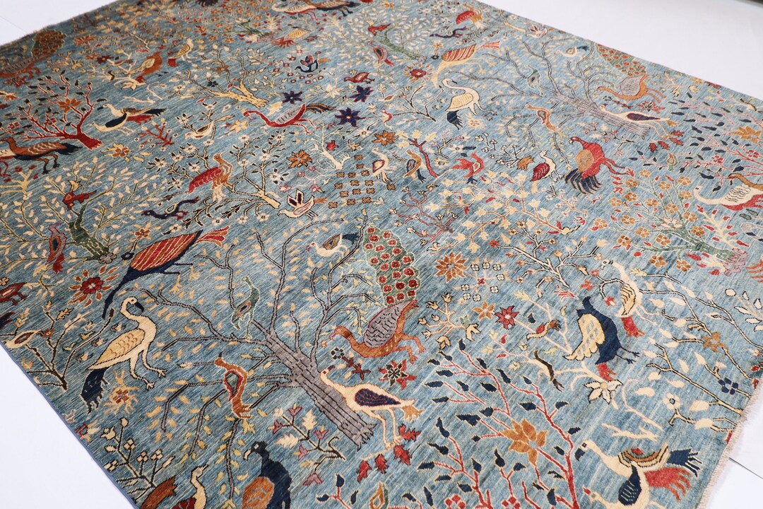 Aryana 8x10 Blue Birds Area Hand Knotted Rug, 8'2x9'11 Ft Rug for ...