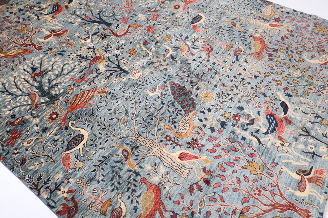 8x10 Blue Birds Area Hand Knotted Rug, 7'11x9'11 Ft Rug for Bedroom ...
