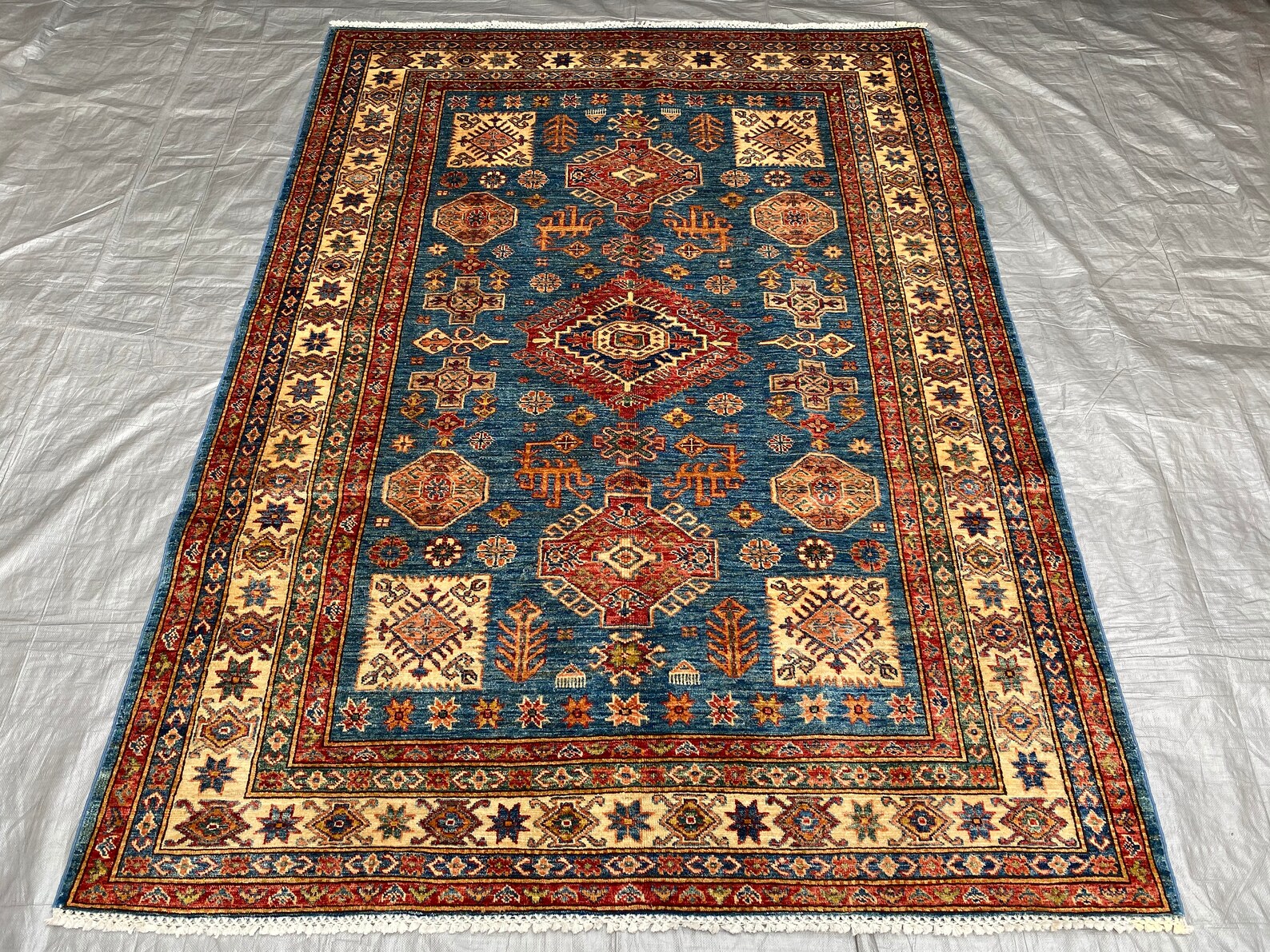 Blue Kazak Rug 5.6x7.6 ft area Rug Afghan Hand Knotted Rug | Etsy