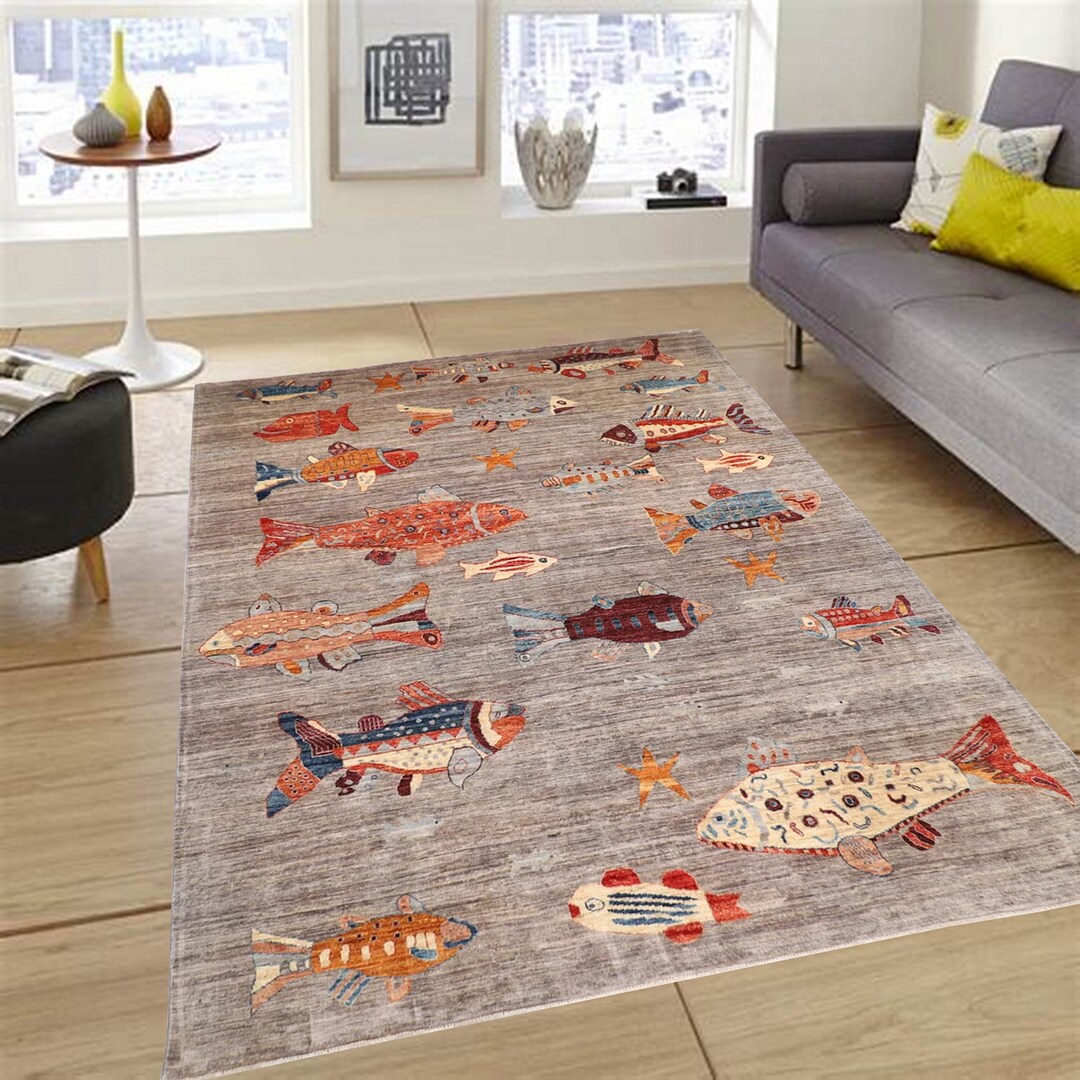 Handmade 8x10 Grey Fish Area Hand Knotted Rug, Tribal Rug, Rug for ...