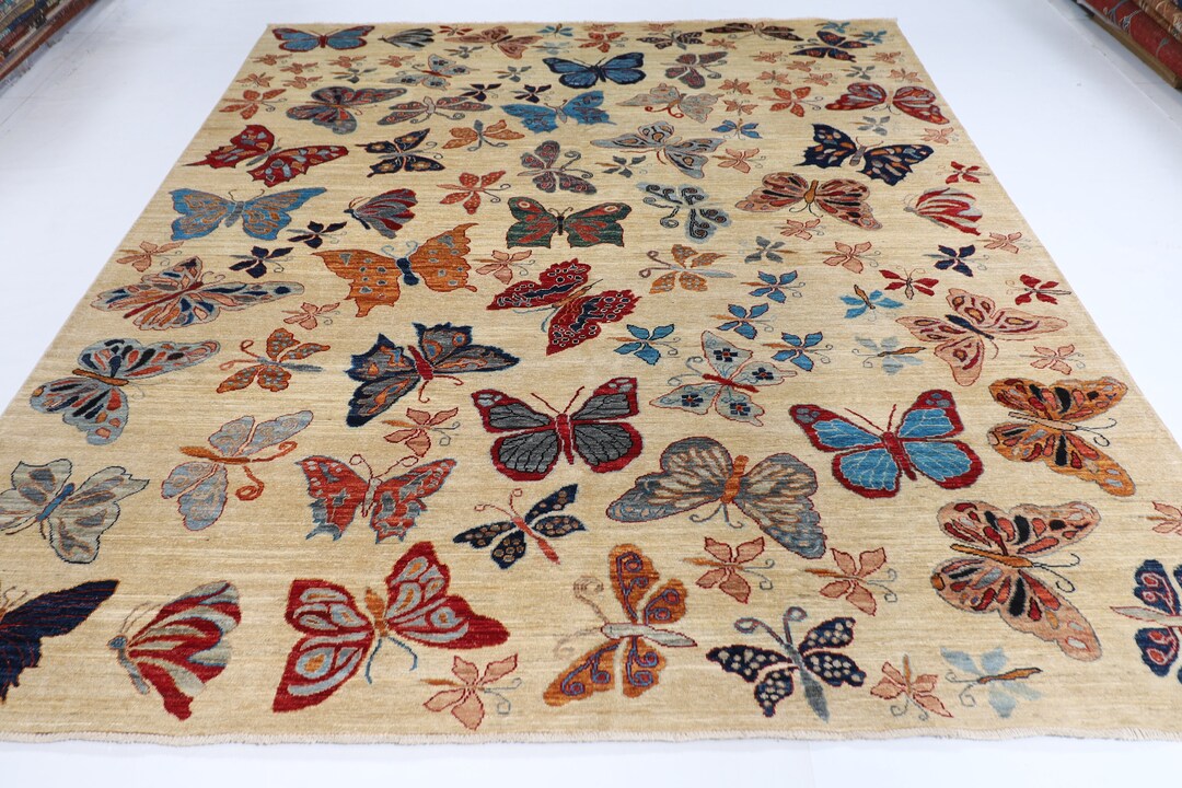 8x10 Ft Beige Butterfly Area Rug 100% Wool Natural Color, Hand Knotted ...