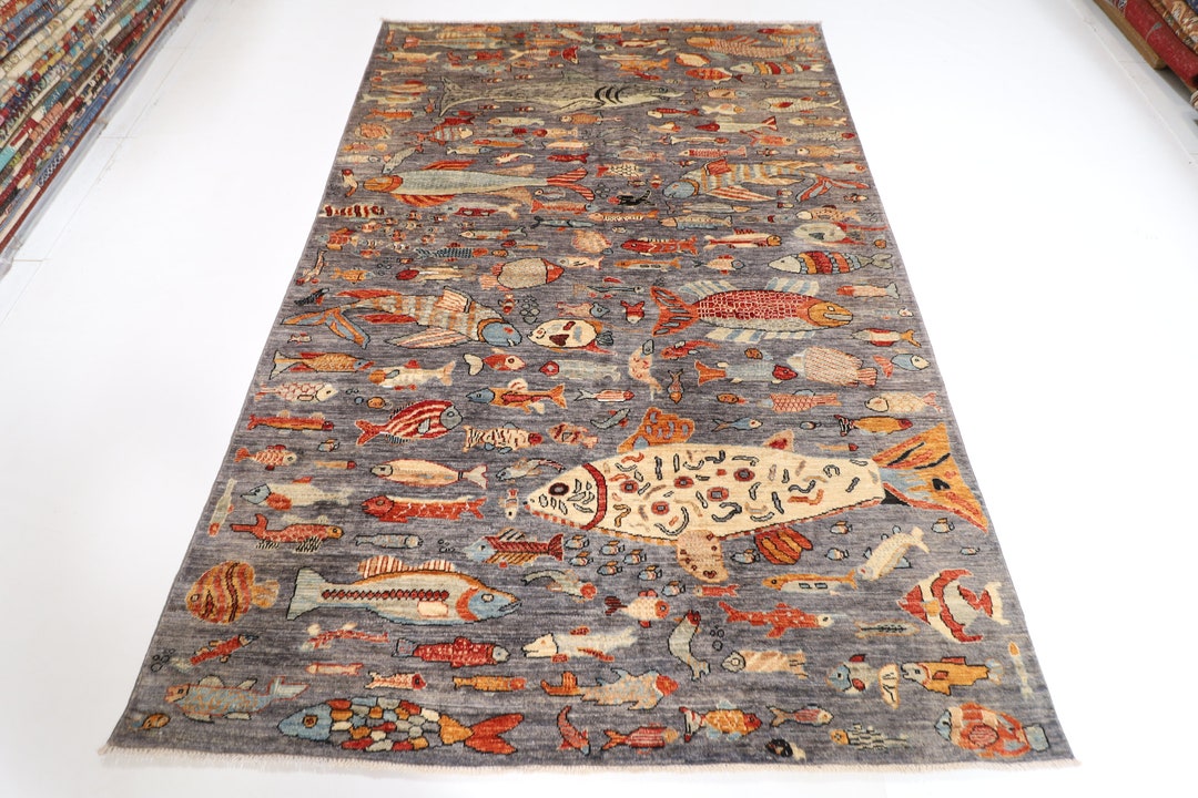 6x9 Ft Fish Gery Area Hand Knotted Rug, Afghan Traditional Rug, Rug for ...