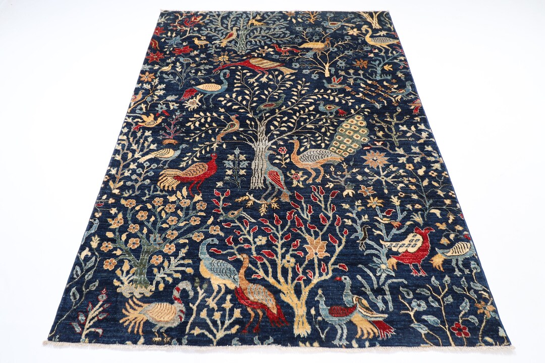 Aryana 5x7 Navy Blue Birds Area Hand Knotted Rug, 4'11x6'7 Ft Rug for ...