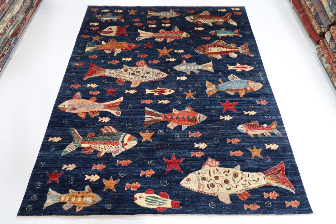 8x10 Navy Blue Fish Print Area Rug, 8'4x9'8 Ft Hand Knotted Rug, Afghan ...