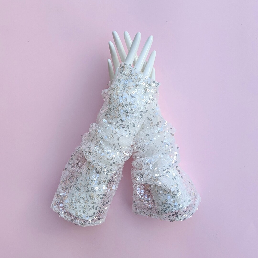 1 Pair ONLY Sequin SPARKLE Bridal Gloves ivory & Silver Fingerless ...