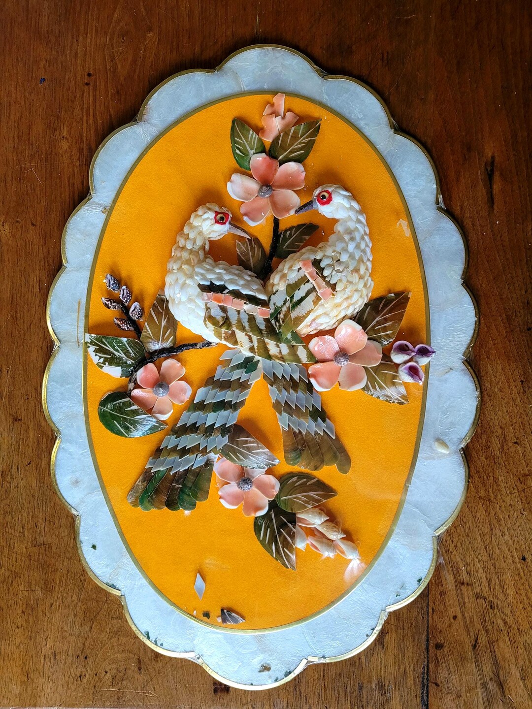 Bird Art Made of Shells, Capiz Seashell Art Love Birds Orange Pink - Etsy