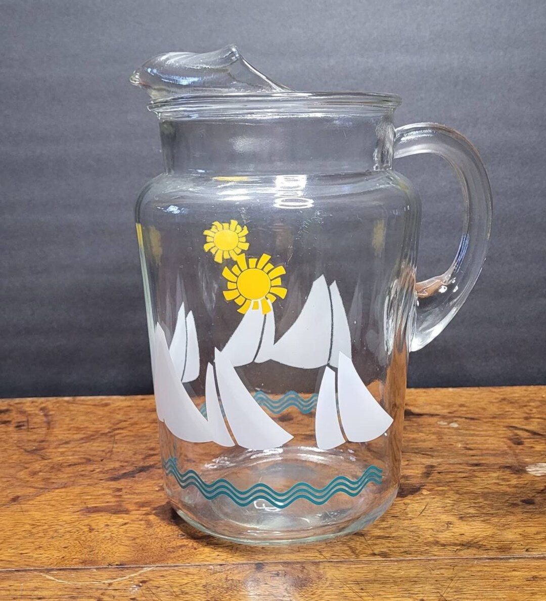 Glass Pitcher Vintage Pitcher With Sailboat, Waves, and Sun Pattern ...