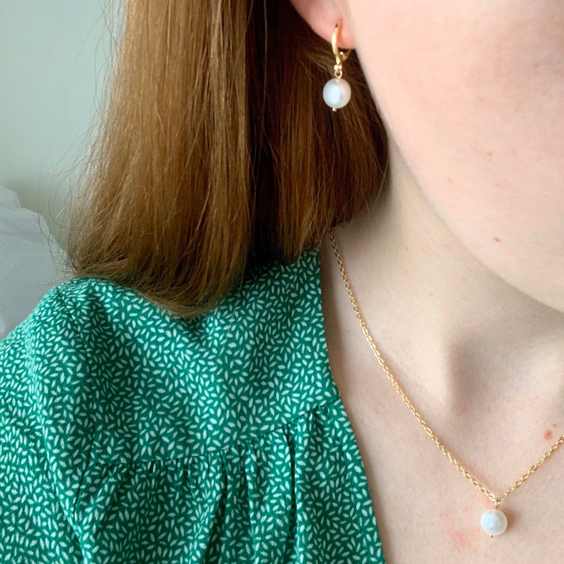 Gold Button Pearl Huggies | Etsy