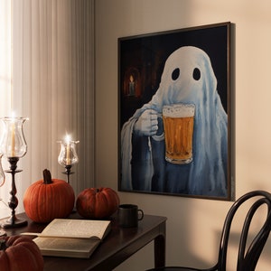 Halloween Ghost Drinking Beer Painting Print Modern Ghost - Etsy