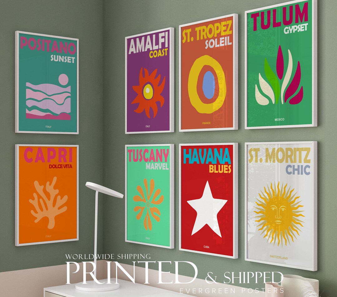 Set of 8 Travel Famous Places Prints Positano St.moritz Tulum Capri ...