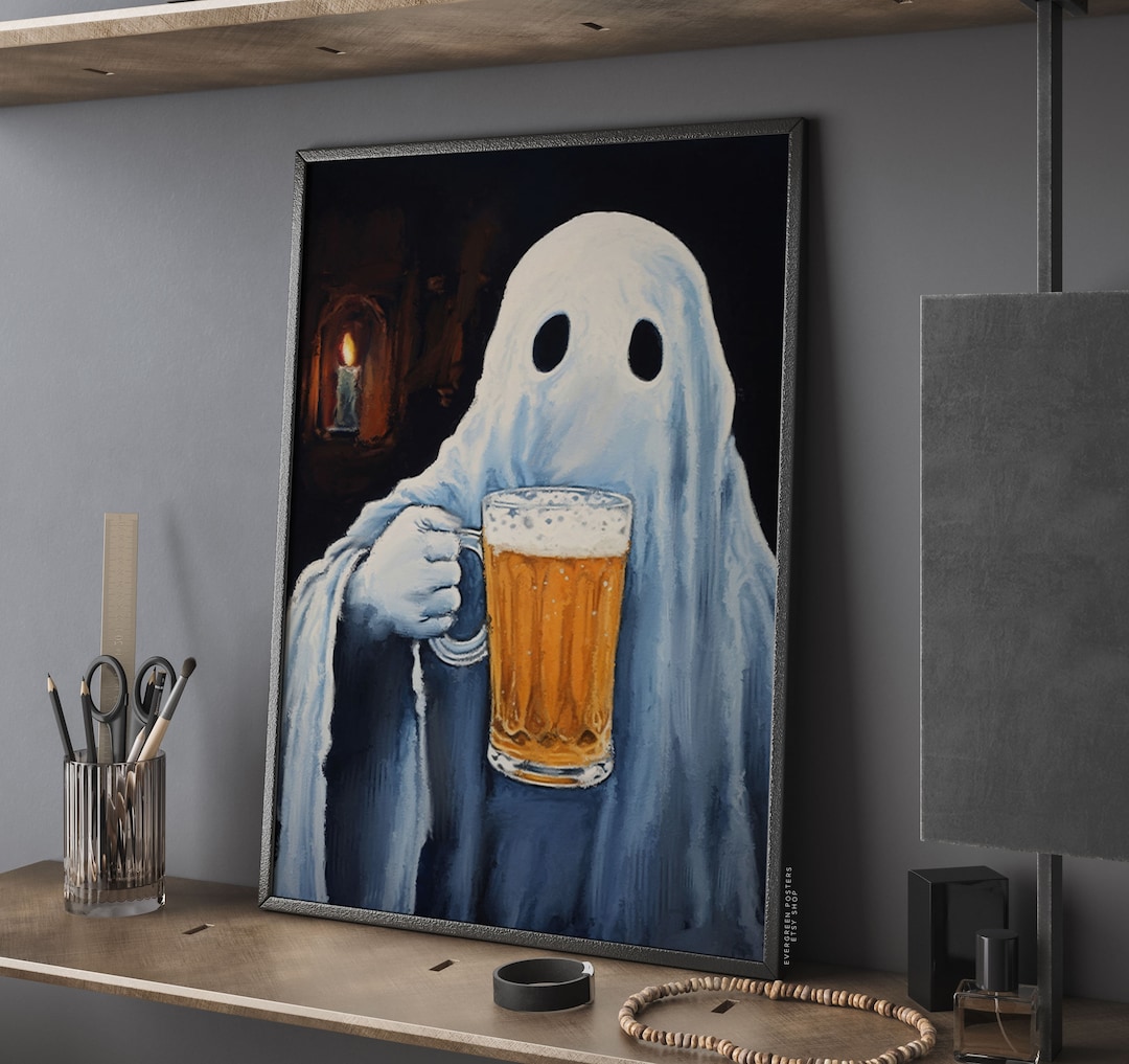 Halloween Ghost Drinking Beer Painting Print Modern Ghost - Etsy