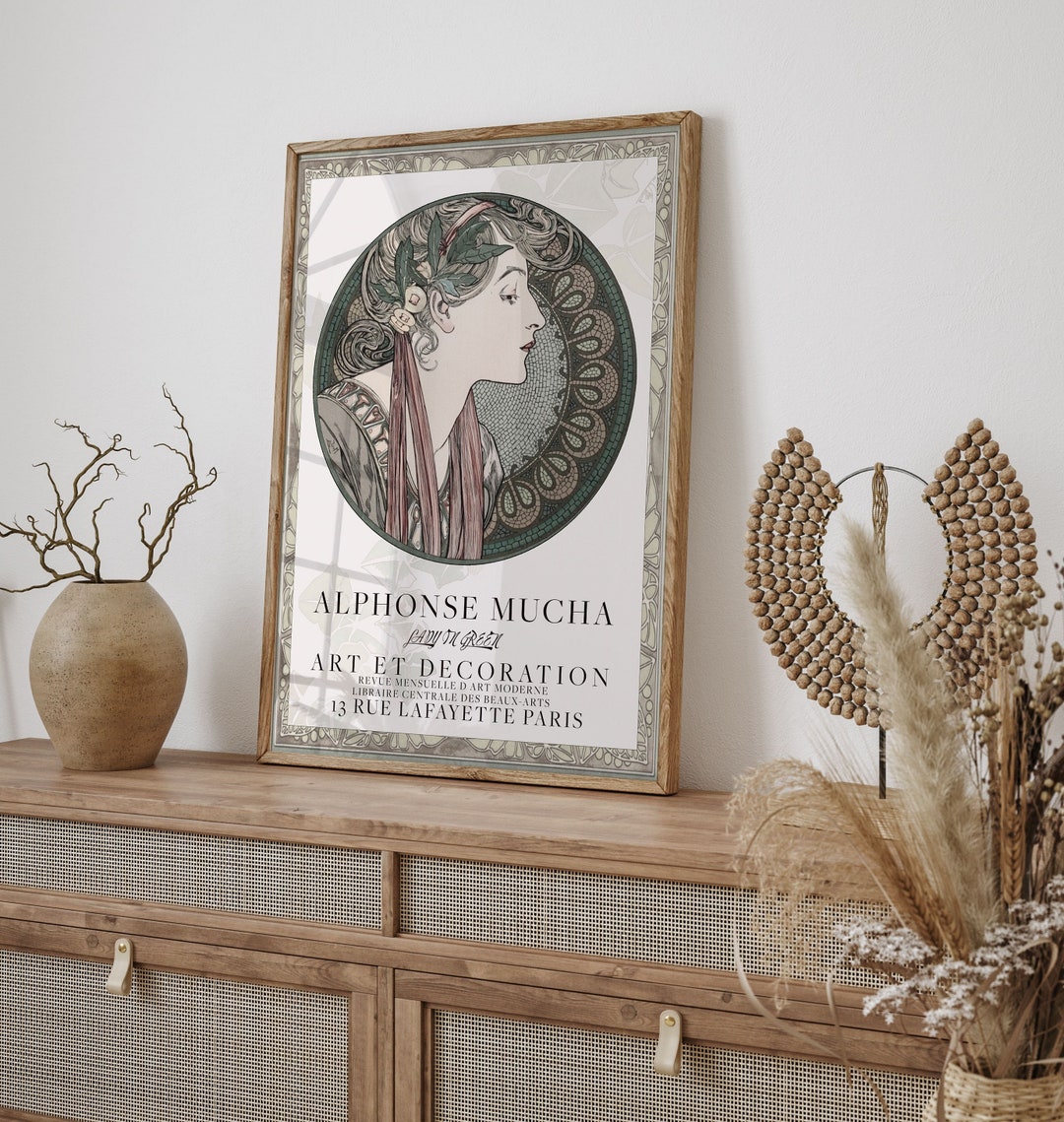 Alphonse Mucha Lady in Green Print Vintage Printable Poster Mucha Art ...