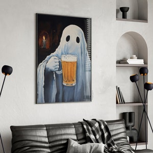 Halloween Ghost Drinking Beer Painting Print Modern Ghost - Etsy