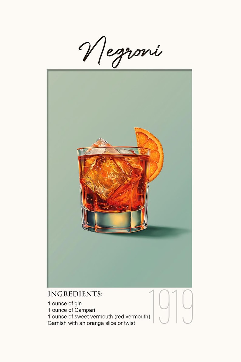 Negroni Cocktail Recipe Art Print: Vintage Bar Cart Decor (digital ...