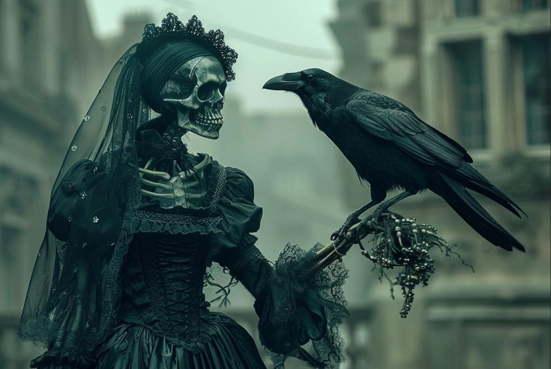 The Bride of Shadows – Gothic Skeleton Bride With Raven Digital Art ...