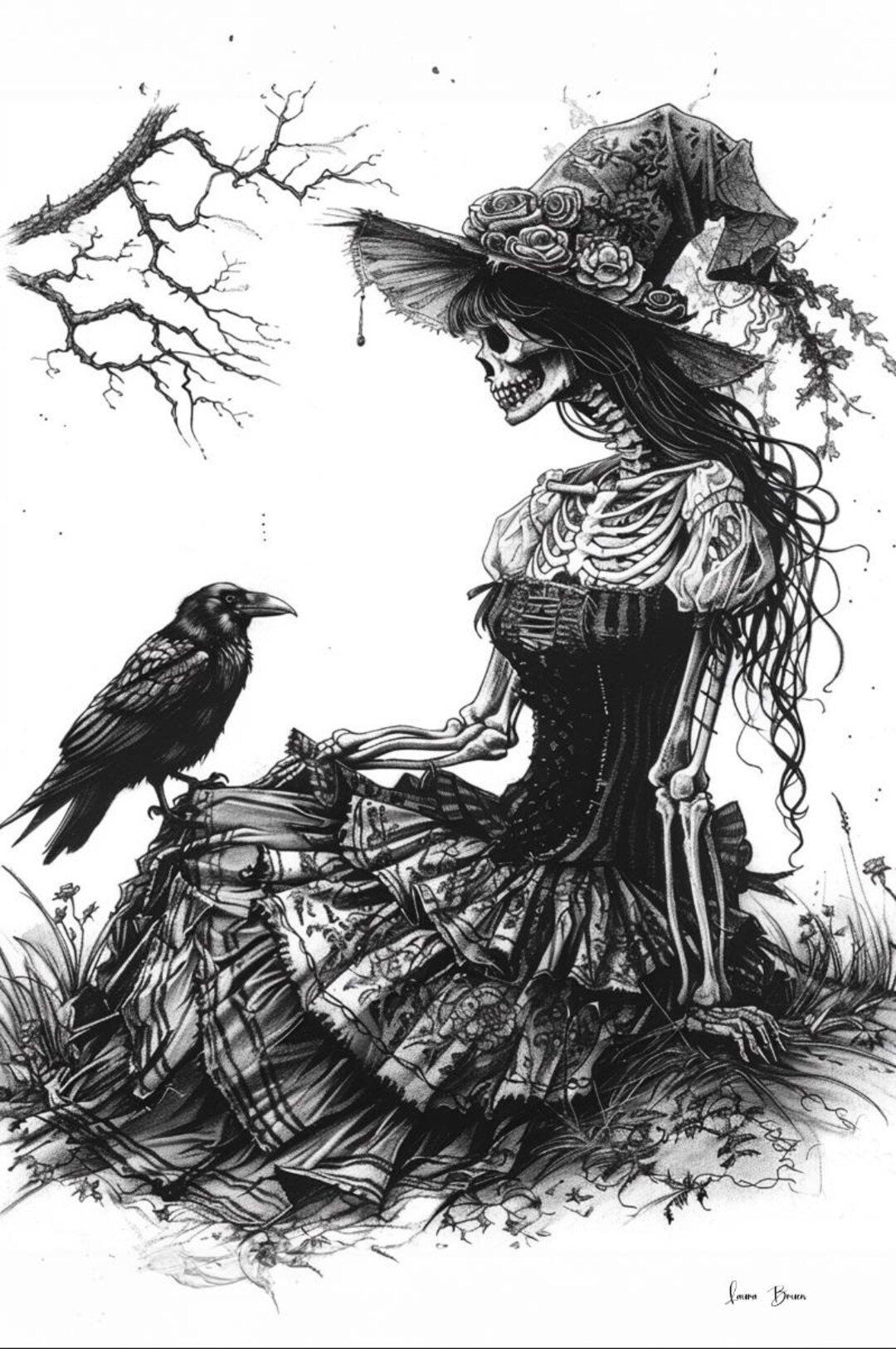 Skeleton Witch With Raven – 16x24" Gothic Digital Art Print - Etsy