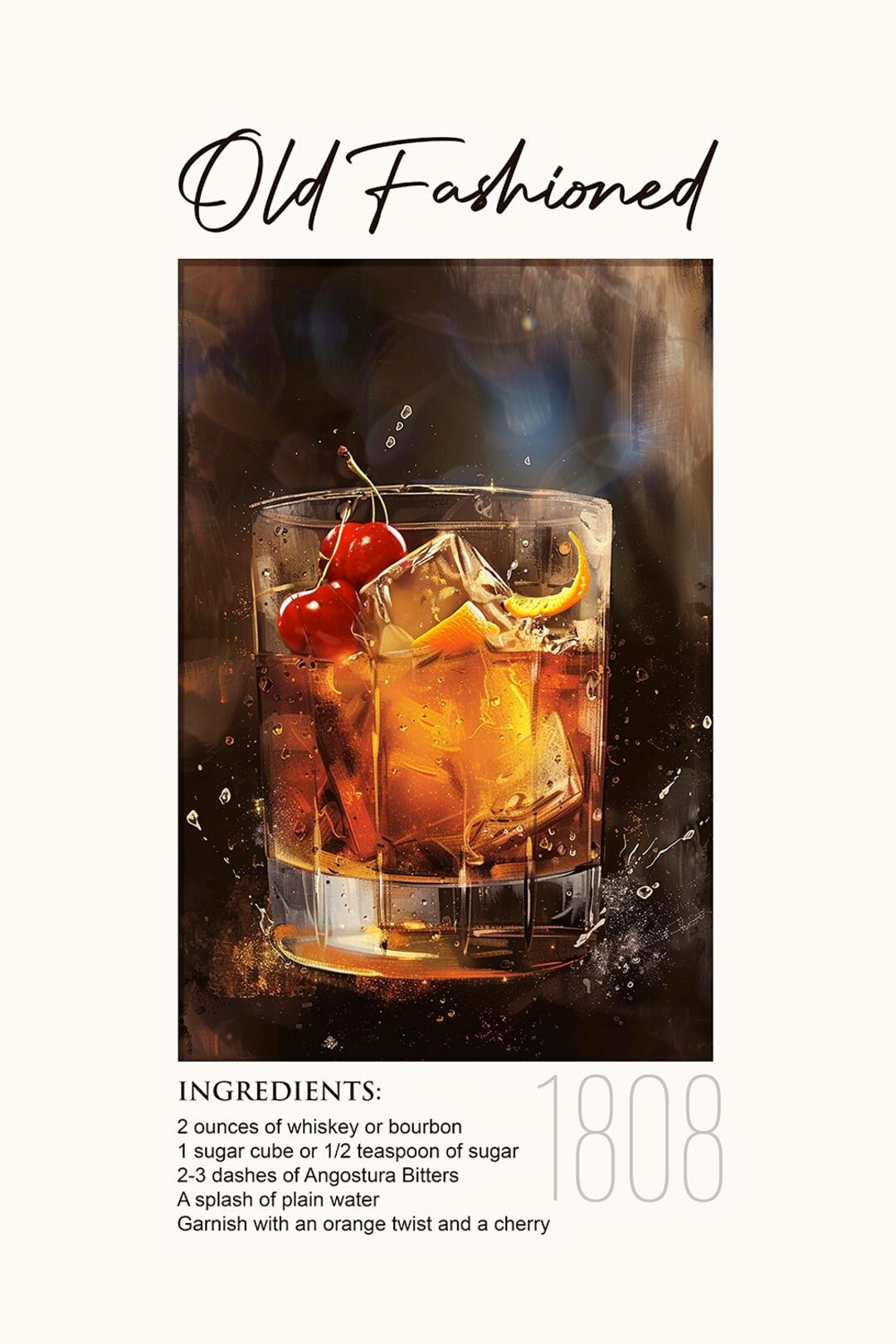 Old Fashioned Cocktail Recipe Art Print: Vintage Bar Decor (digital ...