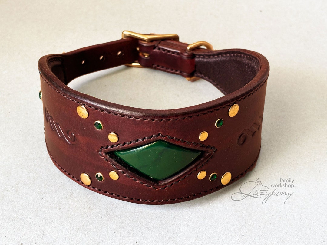 Personalized Leather Hound Dog Collar Emerald Lazypony, Wide Collar ...