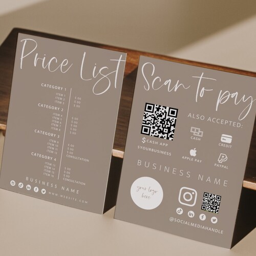 Printable Price List & Payment Sign QR Code Sign Template | Etsy