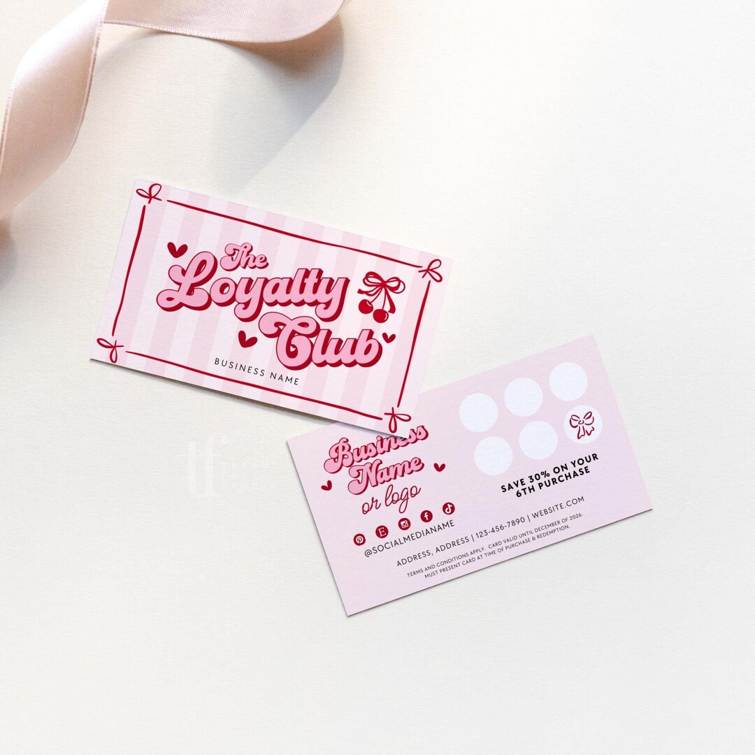 Coquette Cherry Loyalty Card Template Canva, Cute Editable Punch Card ...